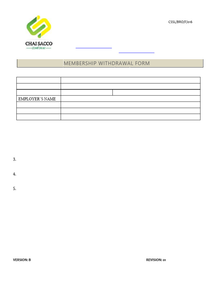 Chai Sacco Membership Withdrawal Form | PDF
