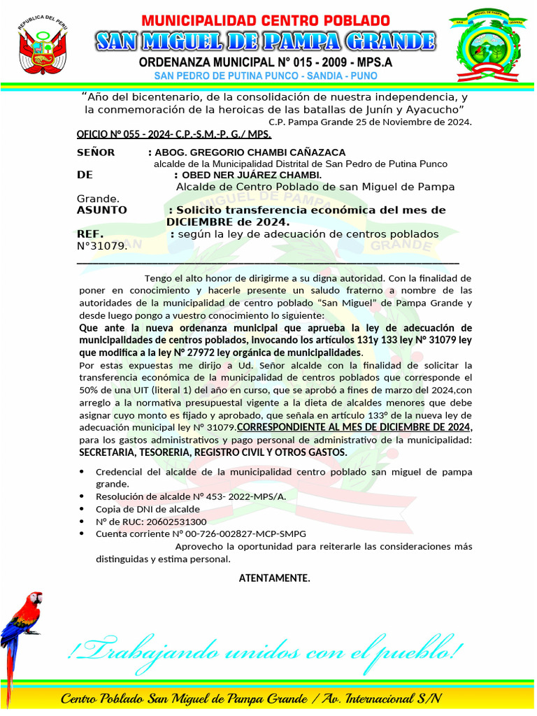 Oficio N°55. SPPP Transferencia Econ. Setiembre | PDF