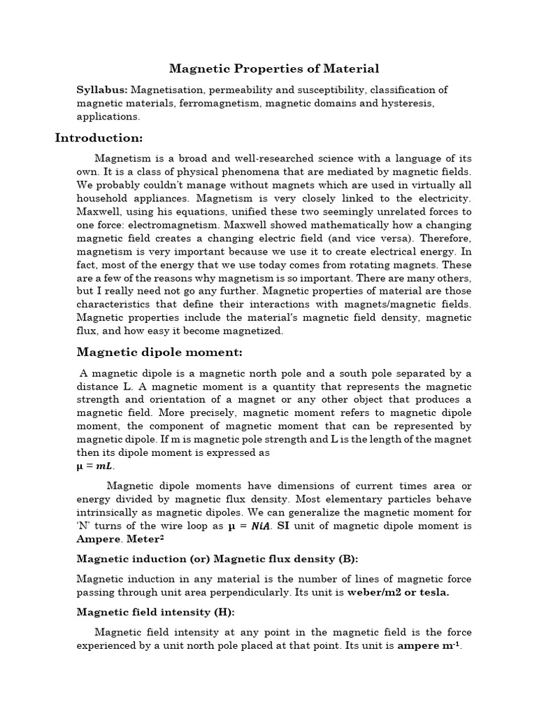 Class Notes-Magnetic Properties of Material | PDF | Magnetism ...