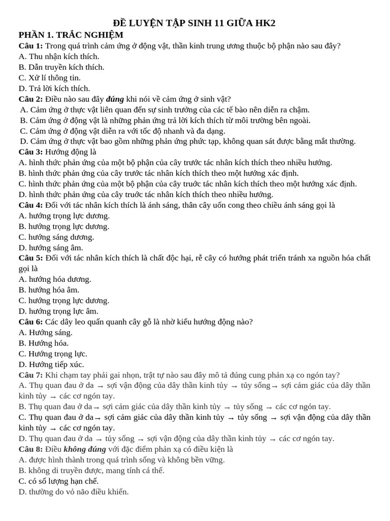 ĐỀ LUYỆN TẬP SINH 11 GIỮA HK2 | PDF