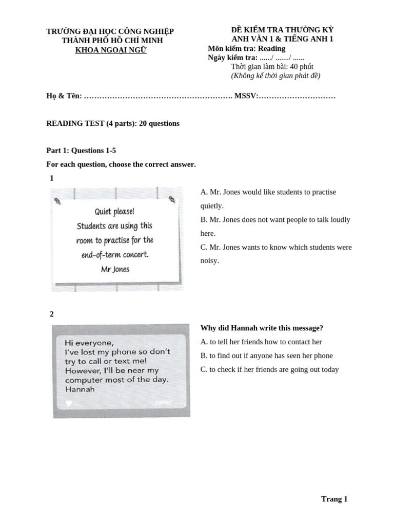 English 1 - Sample Reading Test | PDF