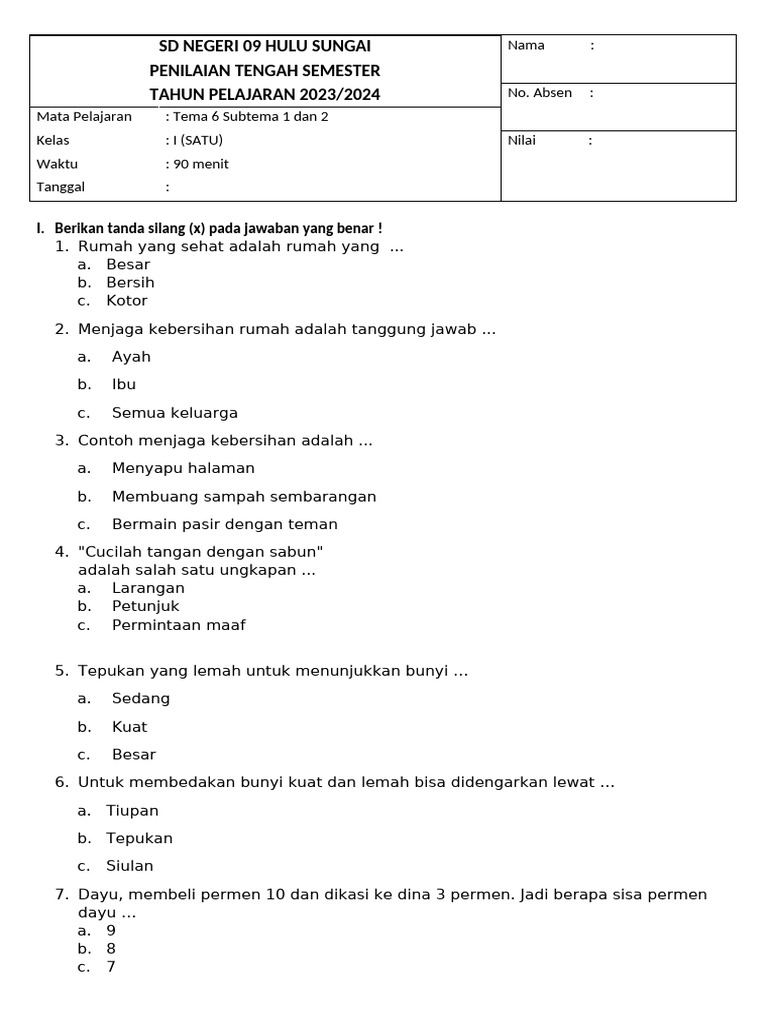 SOAL PTS KELAS 1 Tema 6 Subtema 1 Dan 2 | PDF
