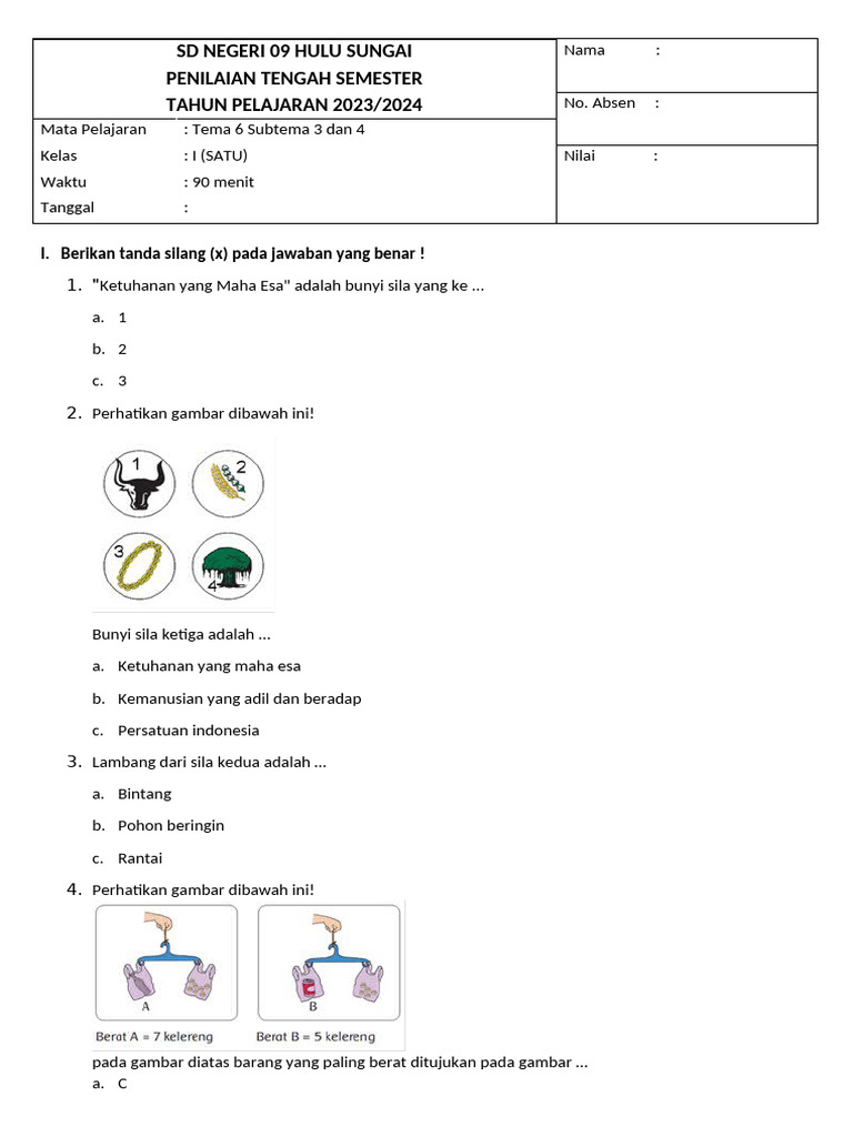 SOAL PTS KELAS 1 Tema 6 Subtema 3 Dan 4 | PDF