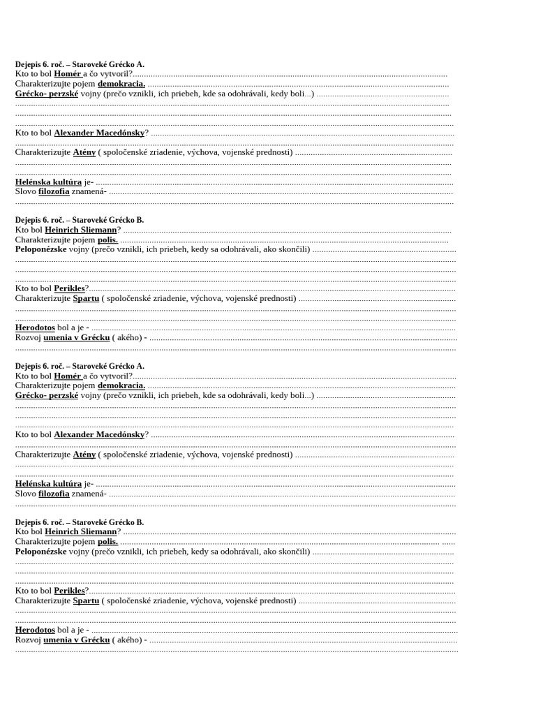 Test Z Dejepisu Pre 6. Ročník - STAROVEKÉ GRÉCKO | PDF
