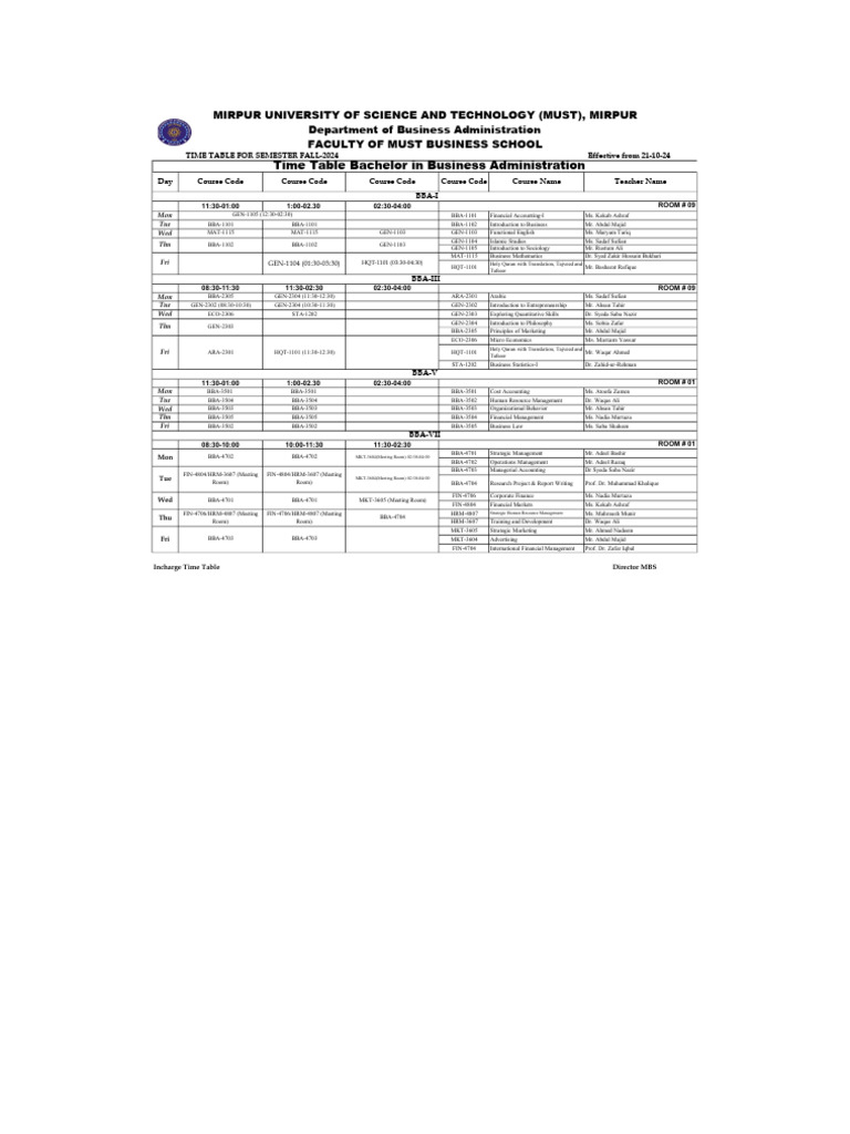 Time Table Fall 2024 Business Administration-1 | PDF | Business