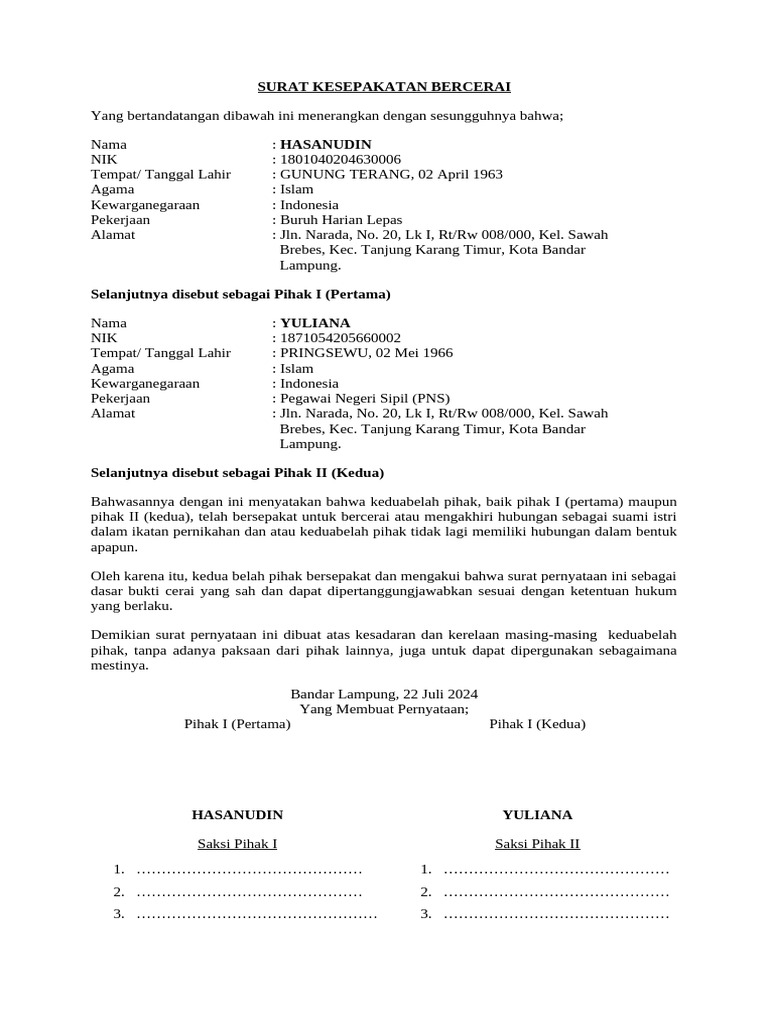 Surat Kesepakatan Cerai Hasanudin-Yuliana | PDF
