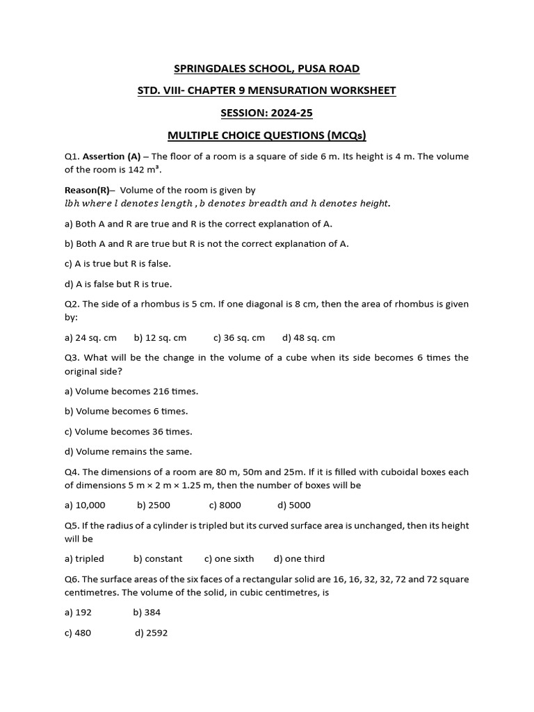 Mensuration Worksheet STD 8th | PDF | Volume | Area