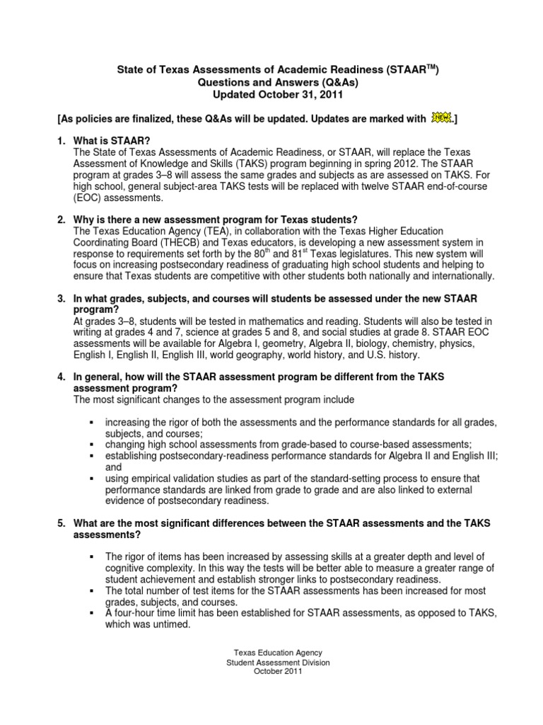 State of Texas Assessments of Academic Readiness (STAAR) Questions and ...