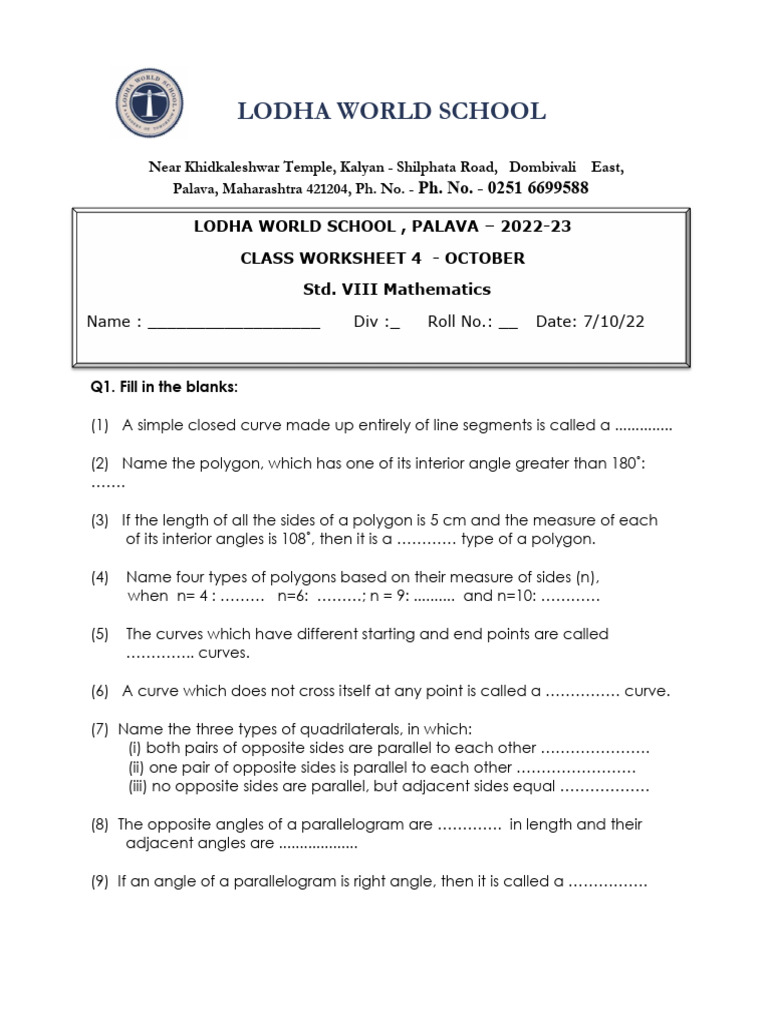 VIII Math October Worksheet | PDF | Rectangle | Geometric Shapes