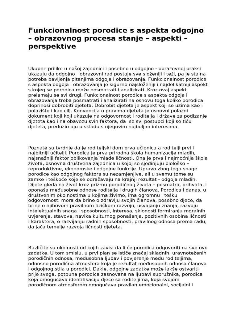 Funkcionalnost Porodice S Aspekta Odgojno | PDF