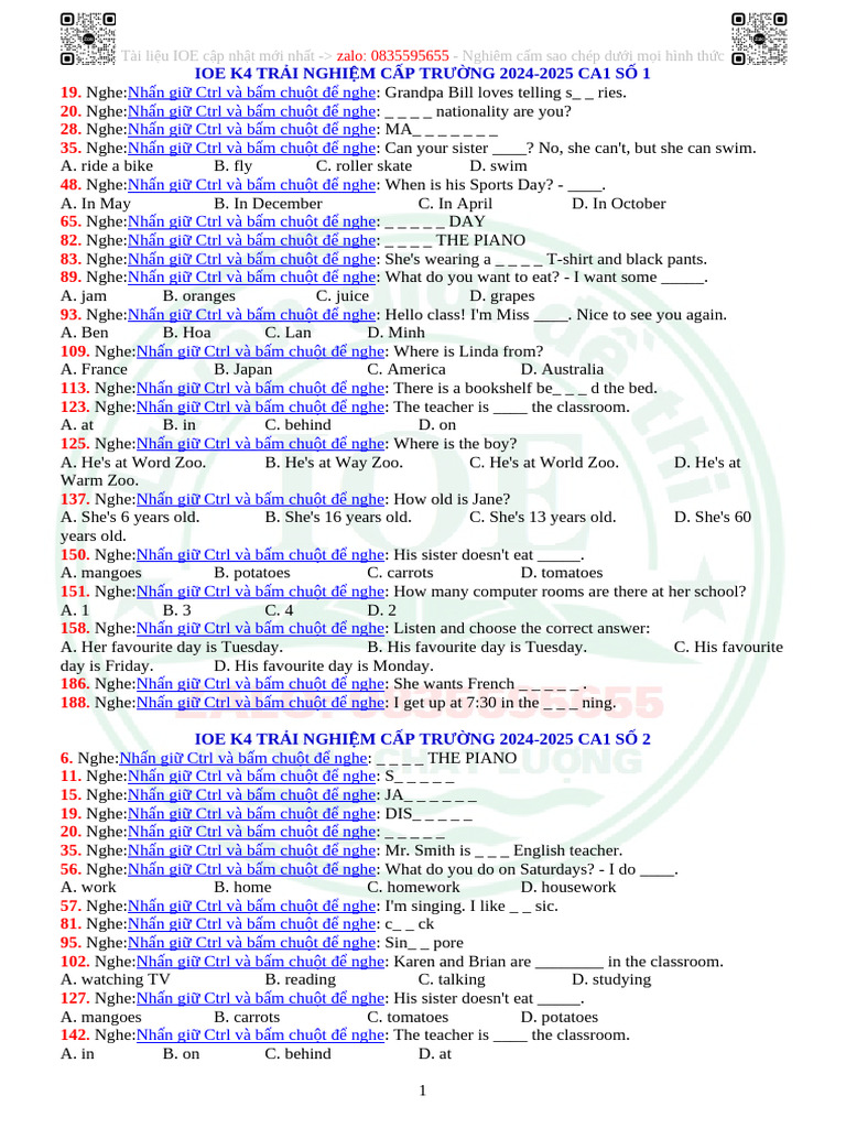 IOE K4 TRAI NGHIEM CAP TRUONG 2024-2025 DE NGHE | PDF