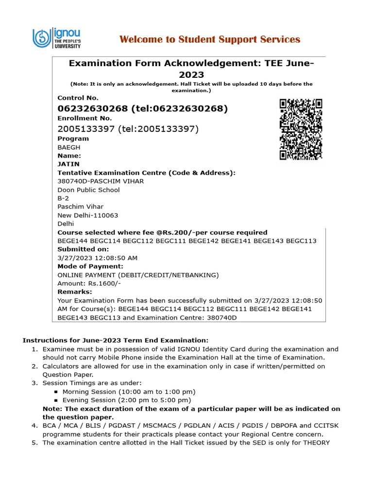 IGNOU - Examination Form Acknowledgement | PDF | Banking Technology ...