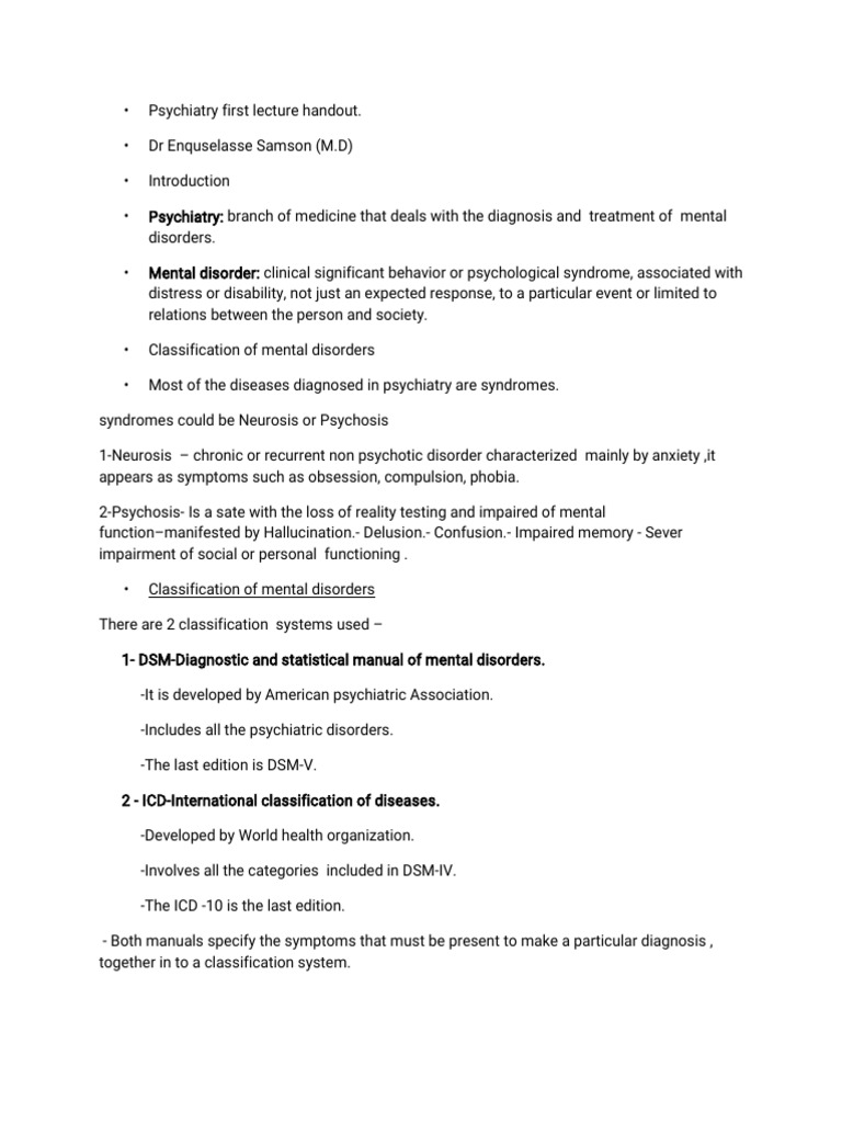 Psychiatry Lecture 1 Handout | PDF