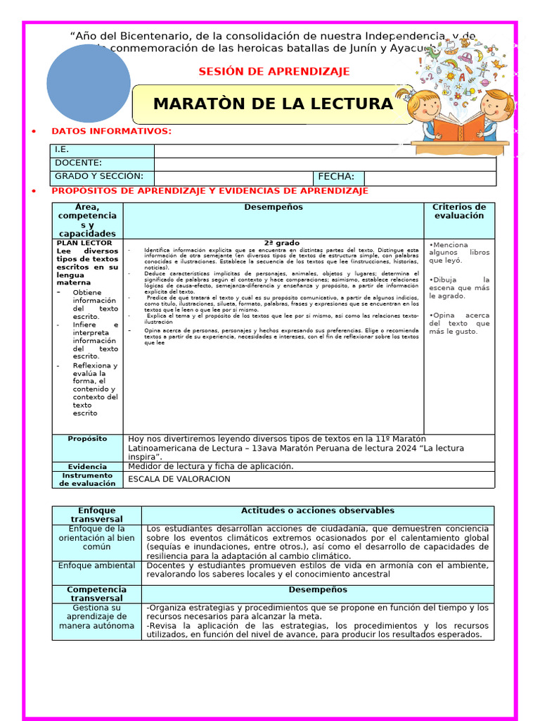 Adicional Sesion Maraton de Lectura 2024 .1 | PDF | Aprendizaje | Evaluación