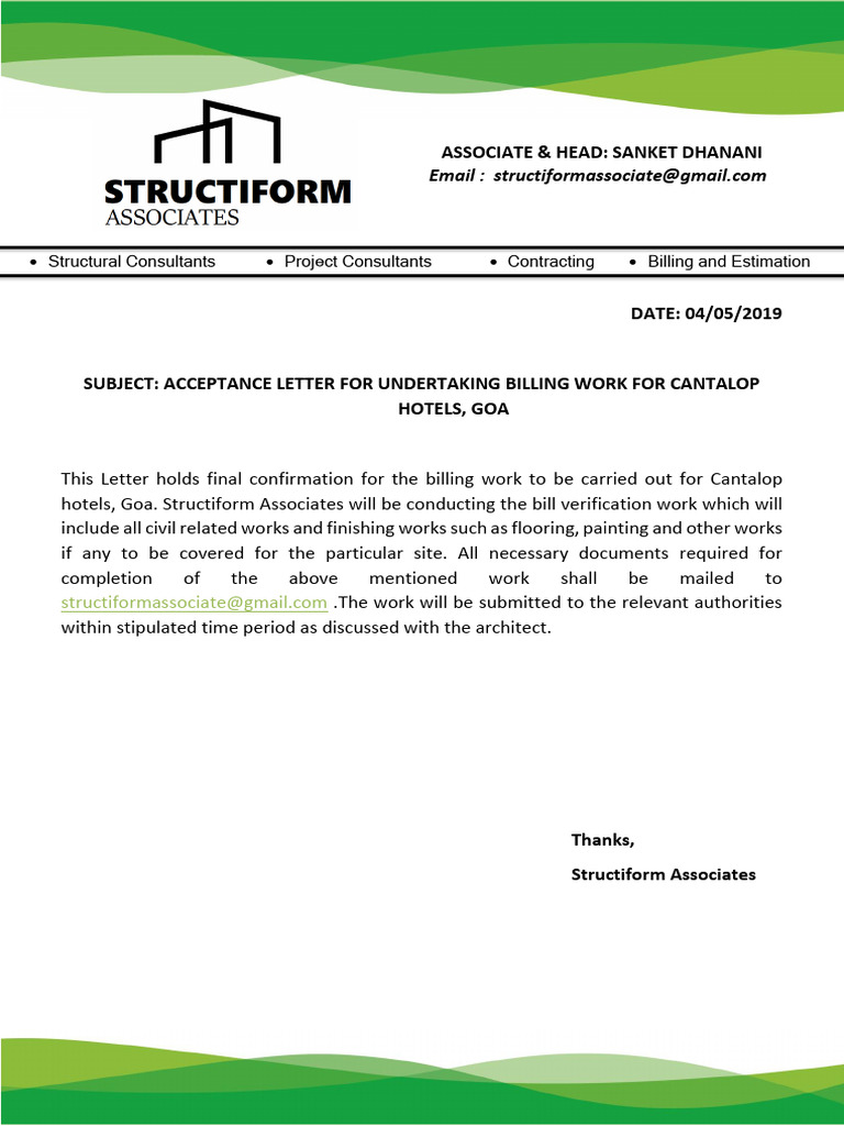 Acceptance Letter Cantalop Hotels Goa | PDF