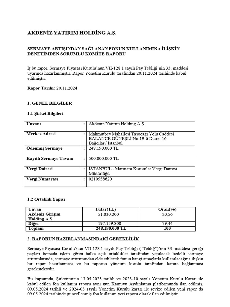 Akden - Z Yatirim Hold - NG A. - Fon Kullanim Raporu | PDF