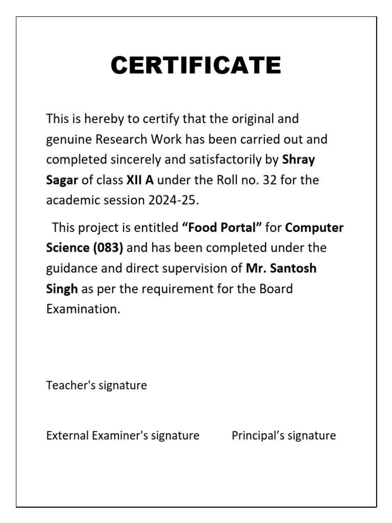 Food Portal Project Certificate | PDF