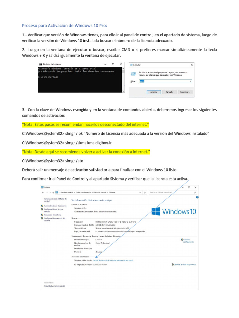 Proceso para Activación de Windows 10 Pro | PDF