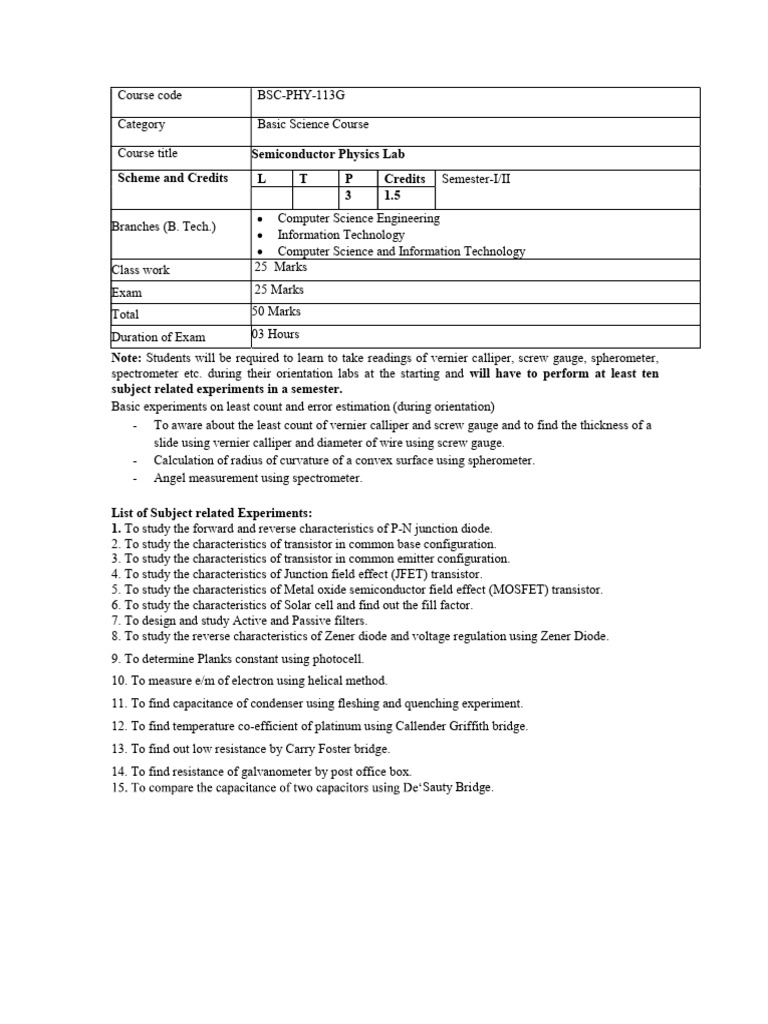 SEMICONDUCTOR PHYSICS LAB SYLLABUS (1) | PDF