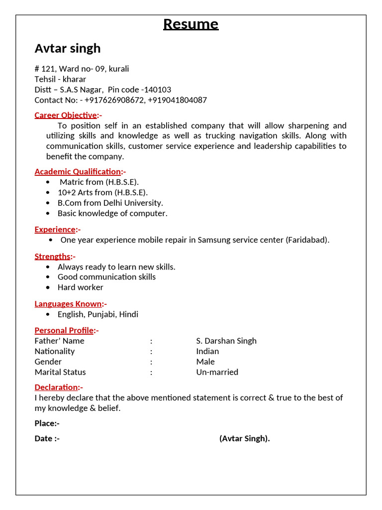 Avtar Singh Resume: Skills & Experience | PDF