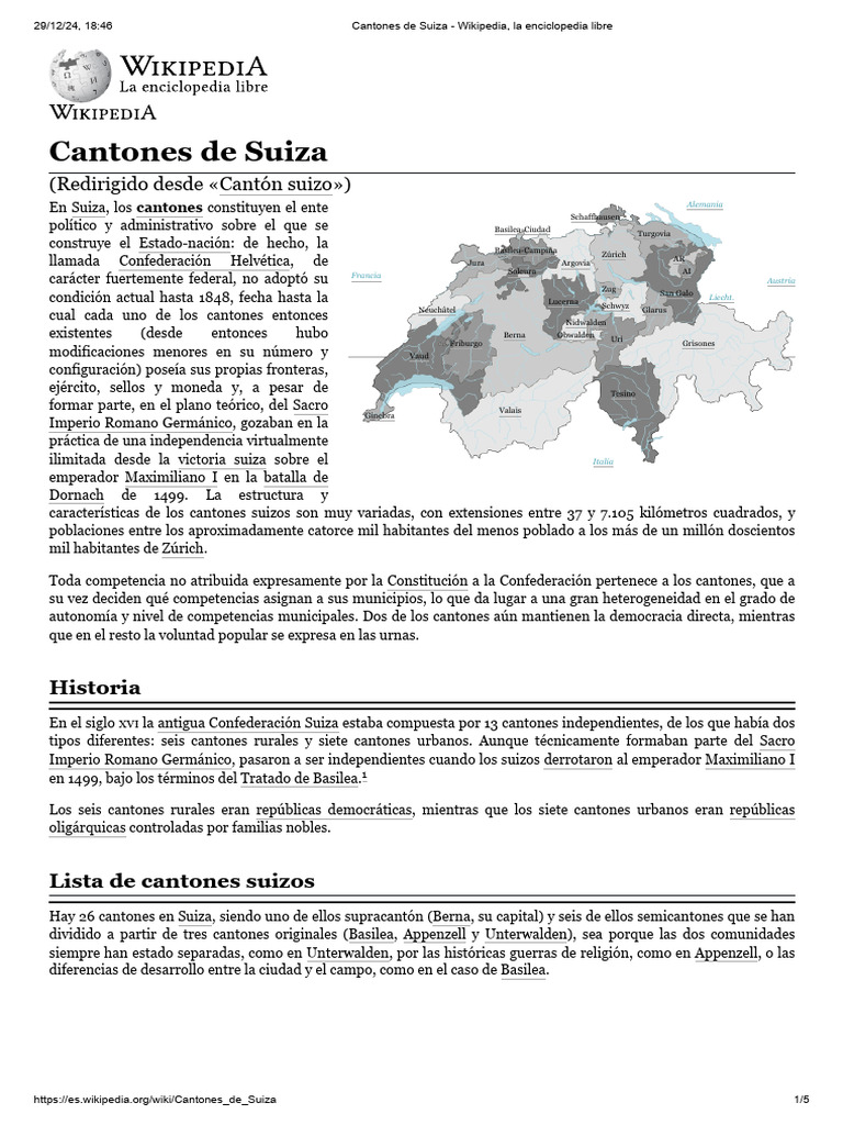 Cantones de Suiza - Wikipedia, La Enciclopedia Libre | PDF