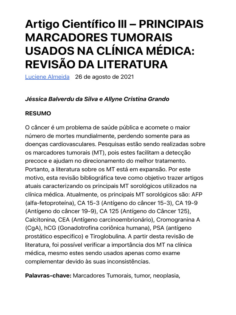 Artigo Científico LLL - Principais Marcadores Tumorais Usados Na Clínica Médica | PDF | Câncer ...