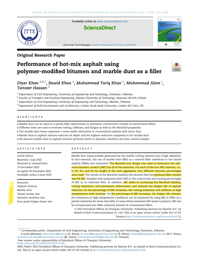diyar khan polymer modified bitumen and mable dust as filler | PDF | Concrete | Strength Of ...