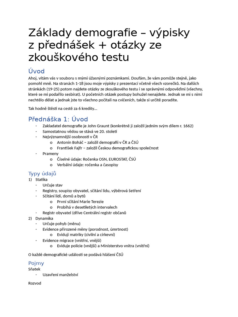 Základy Demografie - Přednášky + Zkouškové Otázky | PDF