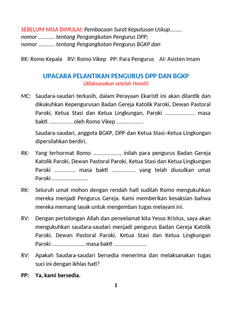Contoh Teks Pelantikan DPP BGKP Paroki | PDF