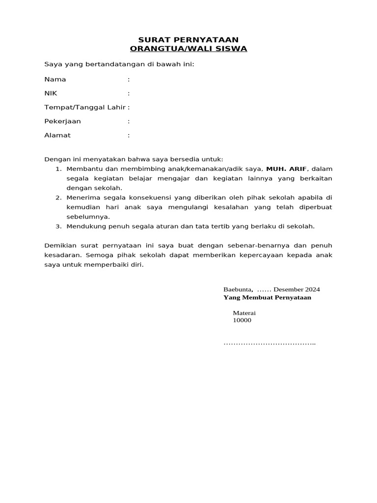 SURAT PERNYATAAN ORTU & SISWA (Pindah Bermasalah) | PDF