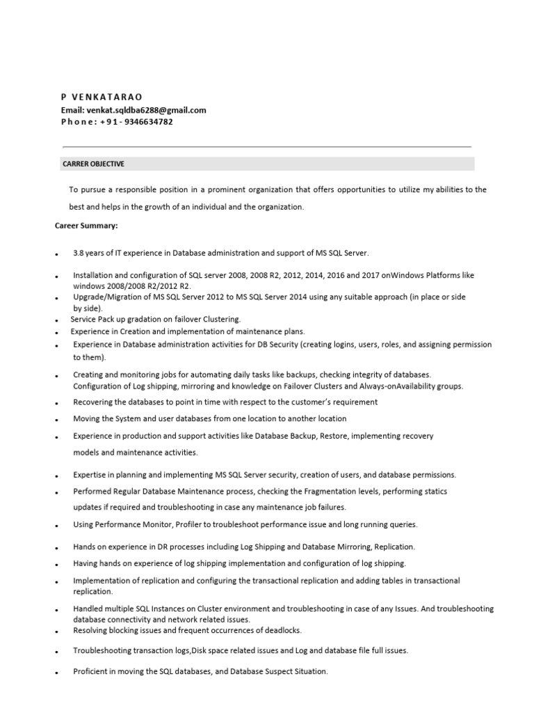 Venkata Rao SQL Server DBA-1 | PDF | Databases | Microsoft Sql Server