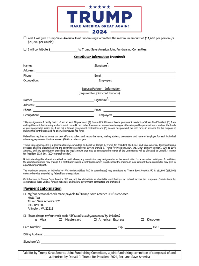 TSA JFC Contributor Form | PDF | Credit Card | Donald Trump