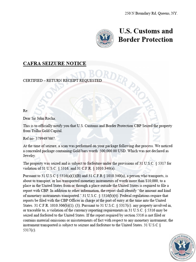 Gold Bars Seizure Notice by CBP | PDF | U.S. Customs And Border ...