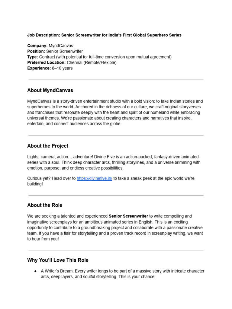 Senior Screenwriter_Job Description | PDF | Storytelling | Screenplay