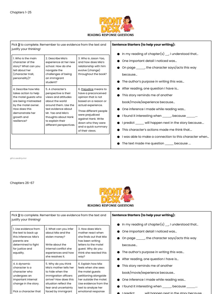 Front Desk - Reading Response Questions | PDF | Prejudices | Evidence