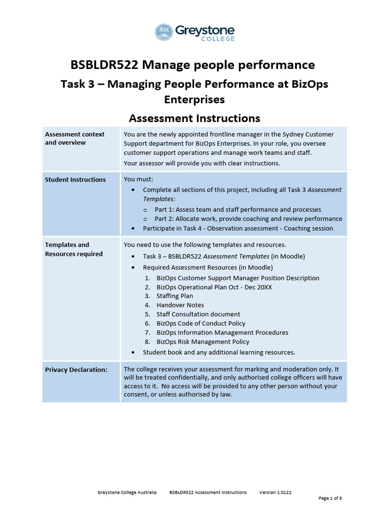 BSBLDR522 Task 3 Assessment Instructions V1.0122 | PDF | Performance Indicator | Risk
