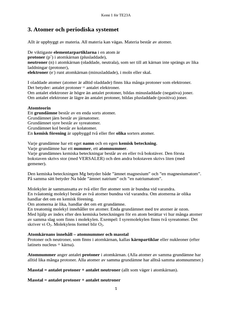 Atomer Och Periodiska Systemet 1e2 | PDF