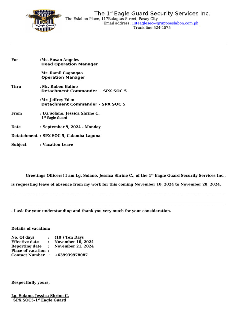 Vacation Leave Request for Security Guard | PDF