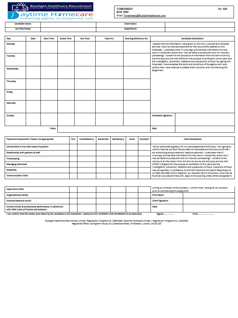 NHS Timesheet and Assessment Form | PDF