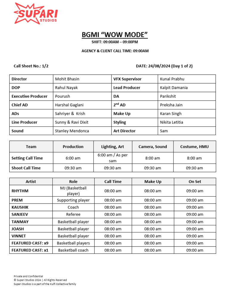 BGMI CALL SHEET_DAY1 | PDF