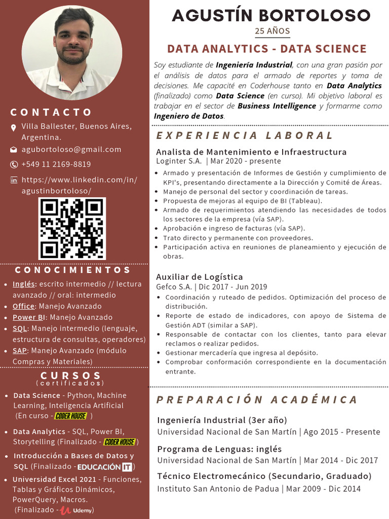 CV - Agustín Bortoloso | PDF | Análisis de los datos | SQL