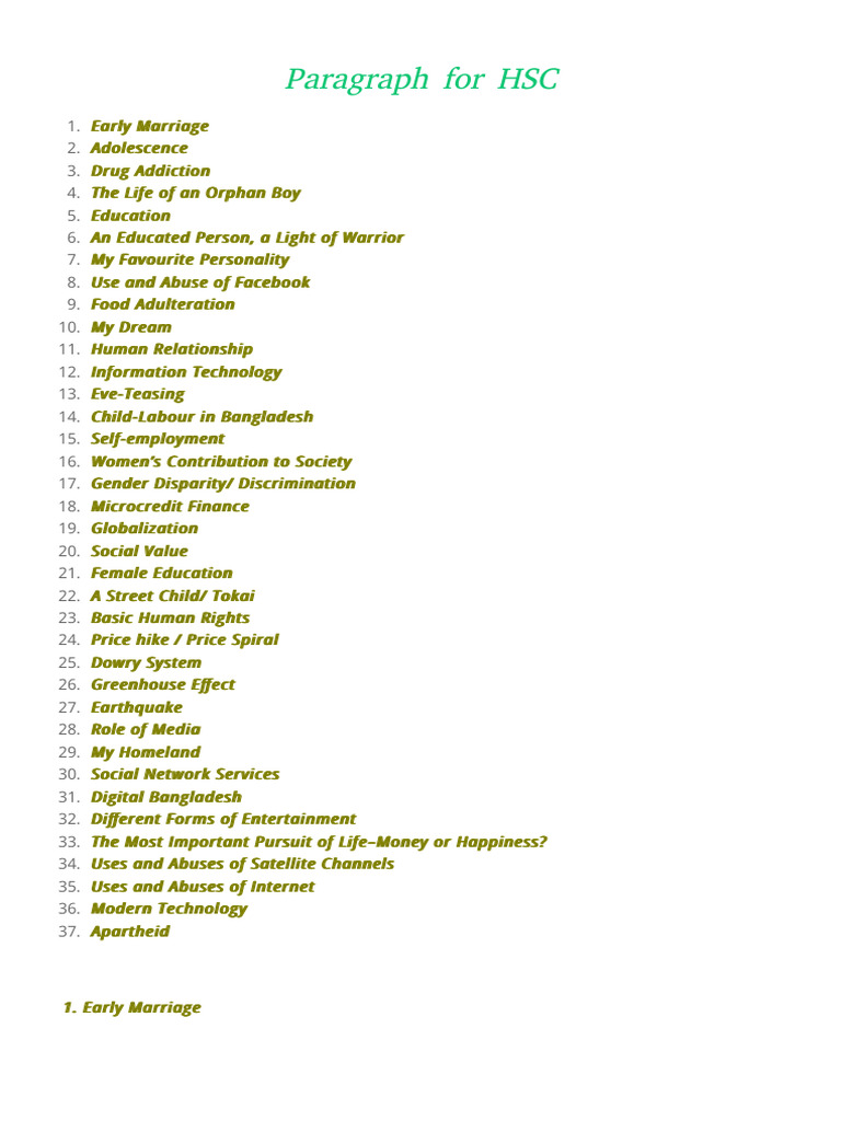 HSC Paragraph Topics Overview | PDF | Adolescence | Child Marriage