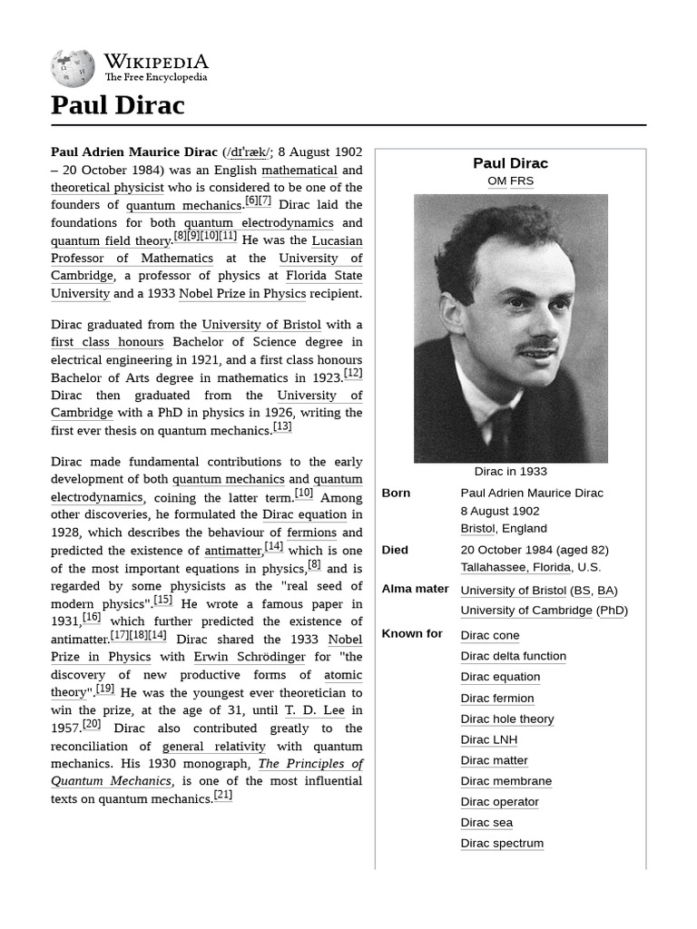 Paul Dirac: Quantum Pioneer and Nobel Laureate | PDF | Quantum ...