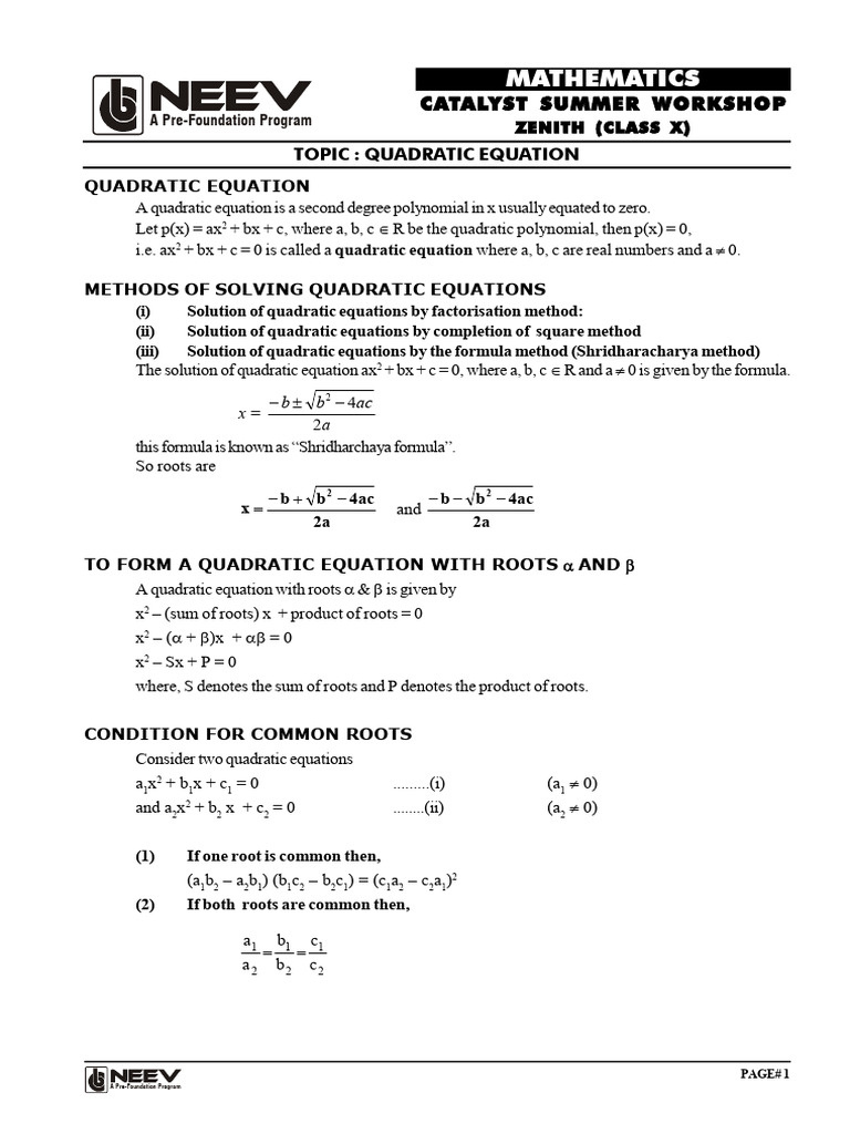 Catalyst Summer Workshop 2_Maths_Quadratic Equations_WA | PDF ...