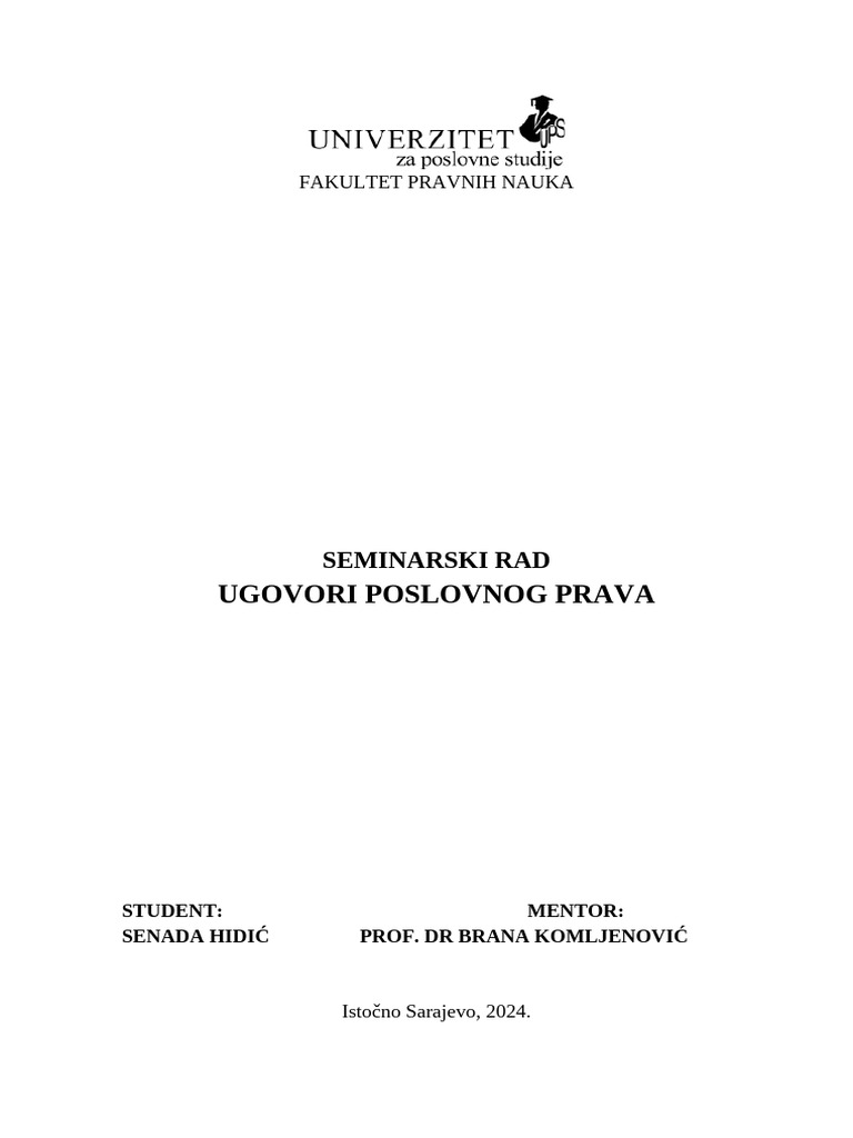 Seminarski Rad Ugovori Poslovnog Prava | PDF