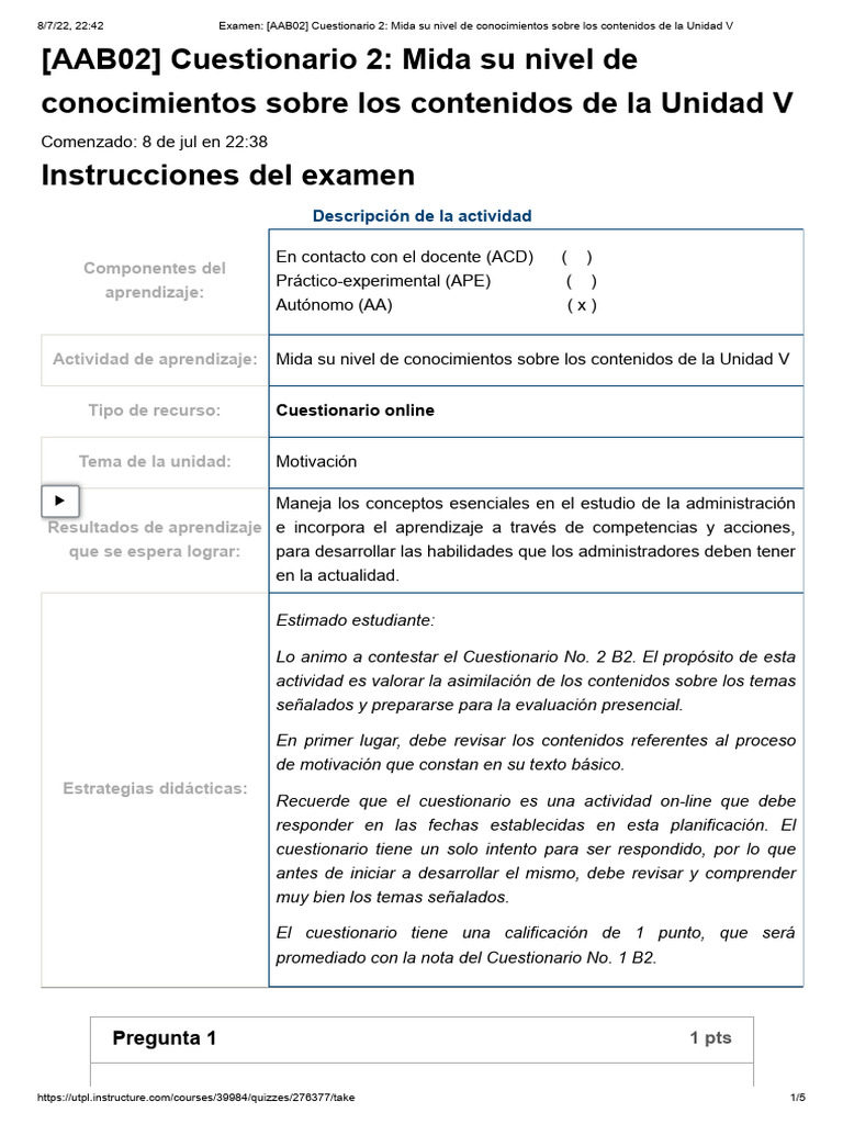 Examen - (AAB02) Cuestionario 2 - Mida Su Nivel de Conocimientos Sobre Los Contenidos de La ...