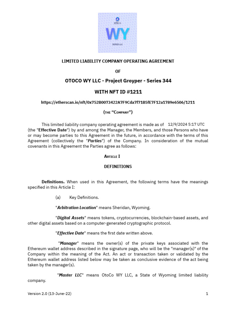 Project Groyper Limited Liability Company Operating Agreement | PDF ...