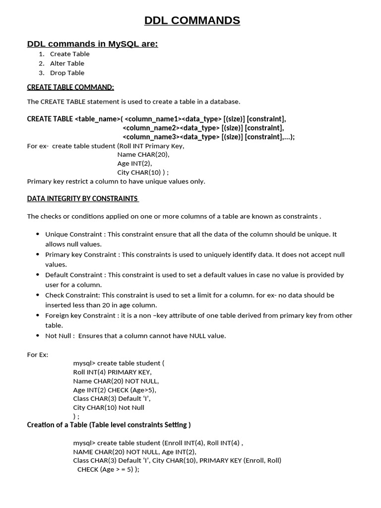 DDL COMMANDS | PDF | Relational Database | Computing DDL COMMANDS | PDF | Relational Database | Computing