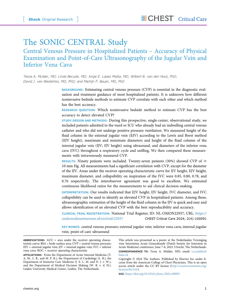 The SONIC CENTRAL Study | PDF | Vein | Receiver Operating Characteristic