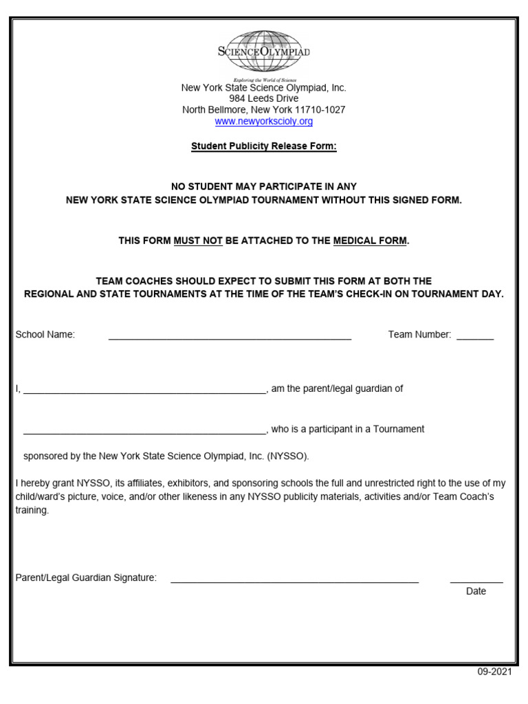 Student Publicity Release Form Fillable PDF | PDF